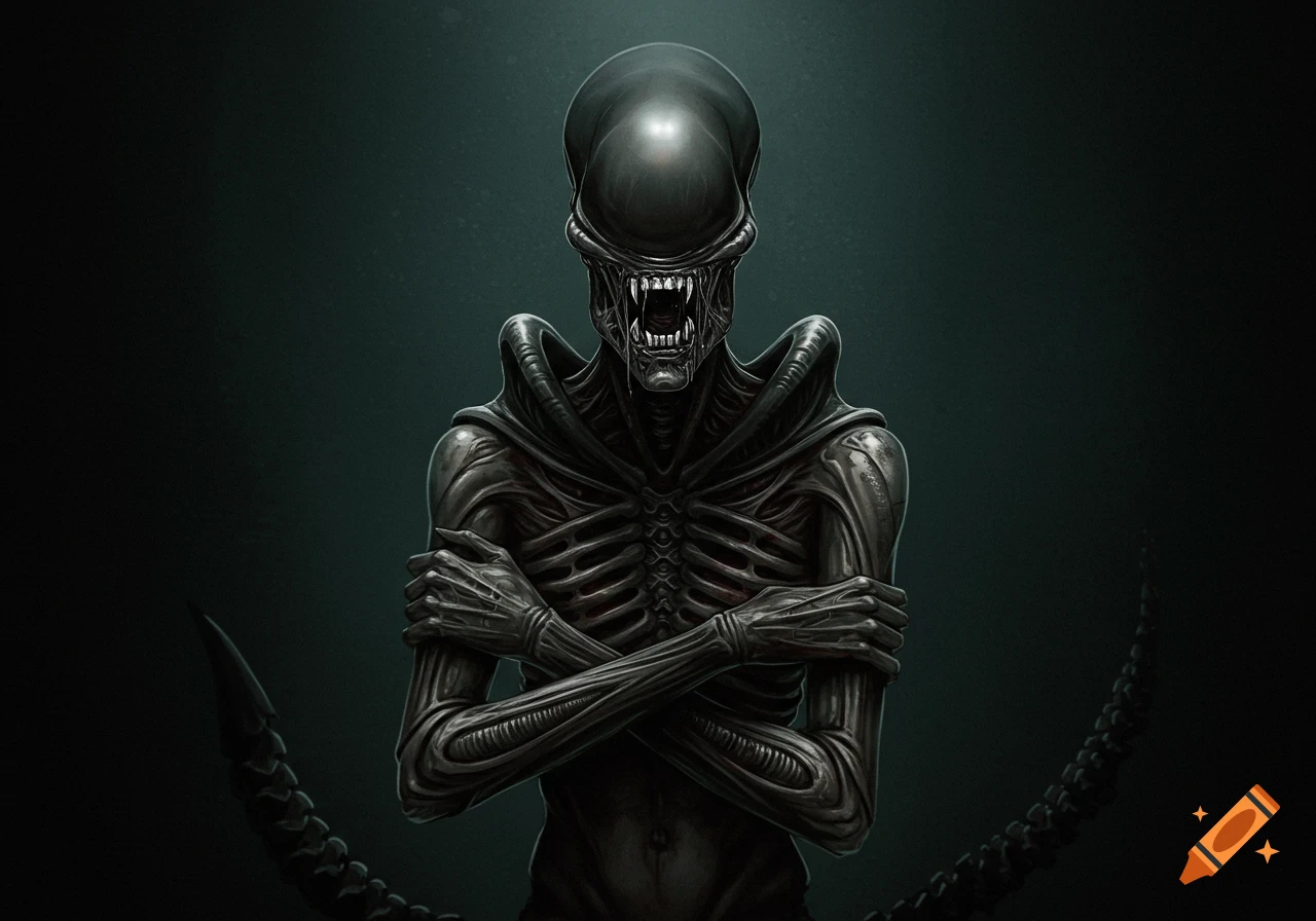 Dark illustration of a Xenomorph creature standing and crossing its ...