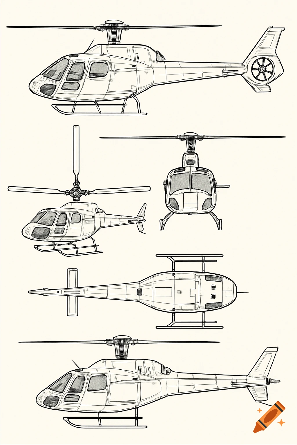 Technical drawing showing multiple views of a helicopter. on Craiyon