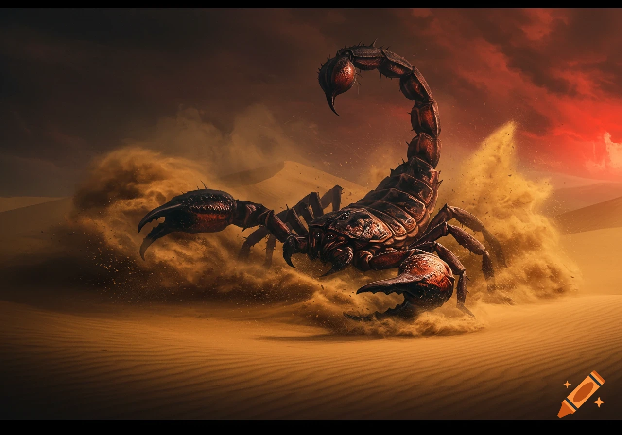 A large, dark scorpion monster emerges from desert sand. on Craiyon