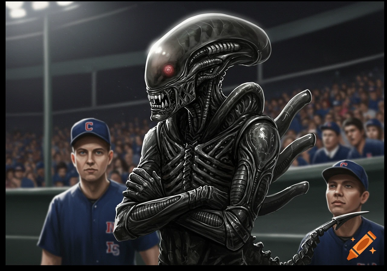 Xenomorph crossing arms among baseball players in a stadium on Craiyon