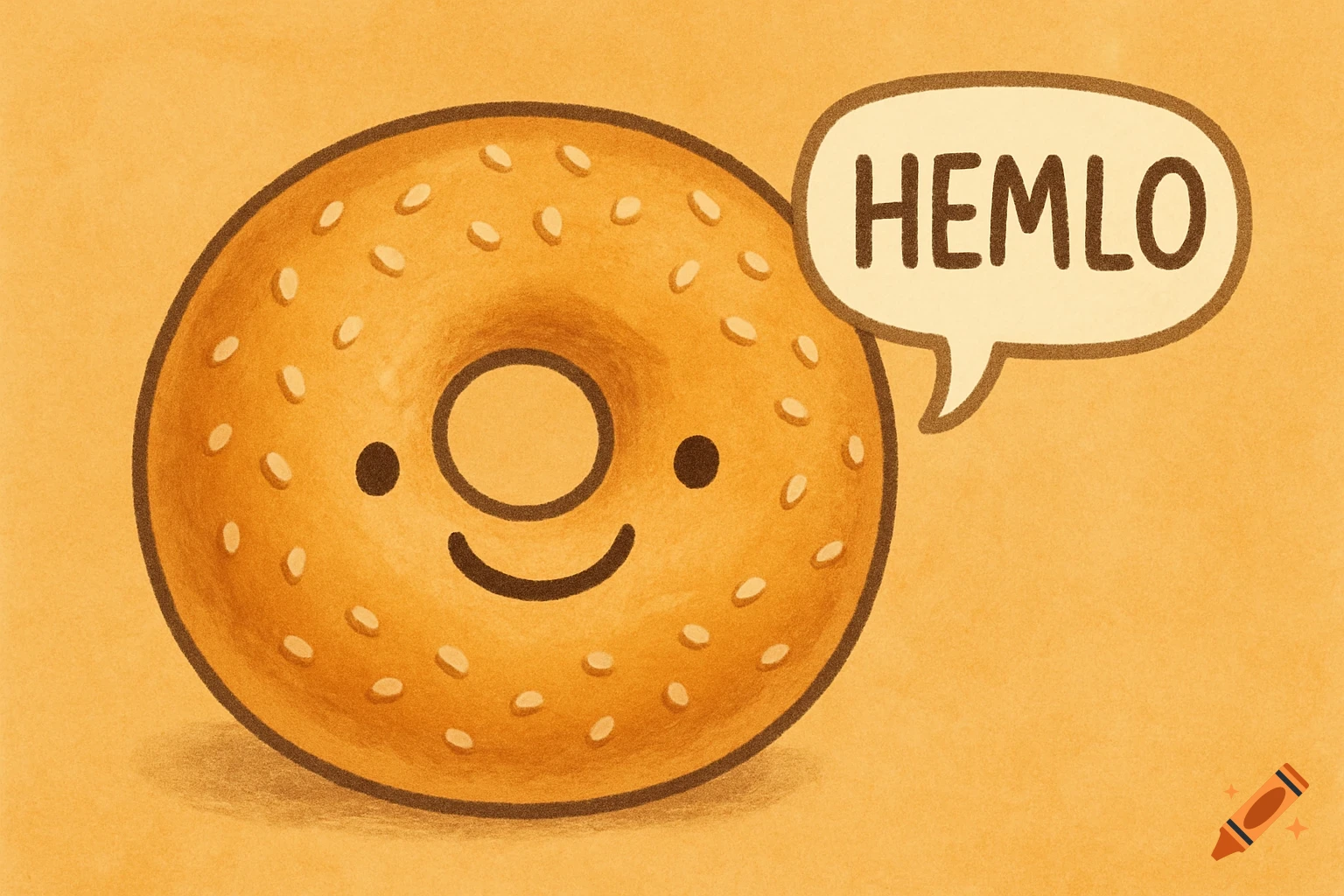 A cartoon bagel with a face says "HEMLO" in a speech bubble, in a ...