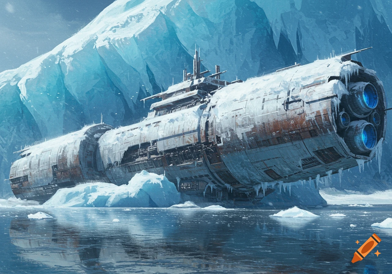 A large, weathered spaceship is partially buried in ice on a frozen ...