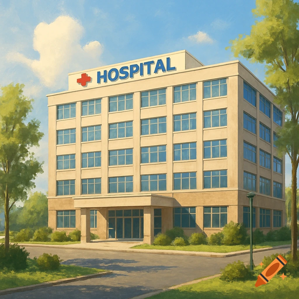 An illustration of a multistory hospital building on a sunny day. on ...