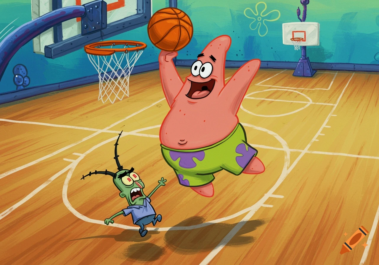 Patrick Star dunks a basketball over Plankton on a court in Spongebob ...