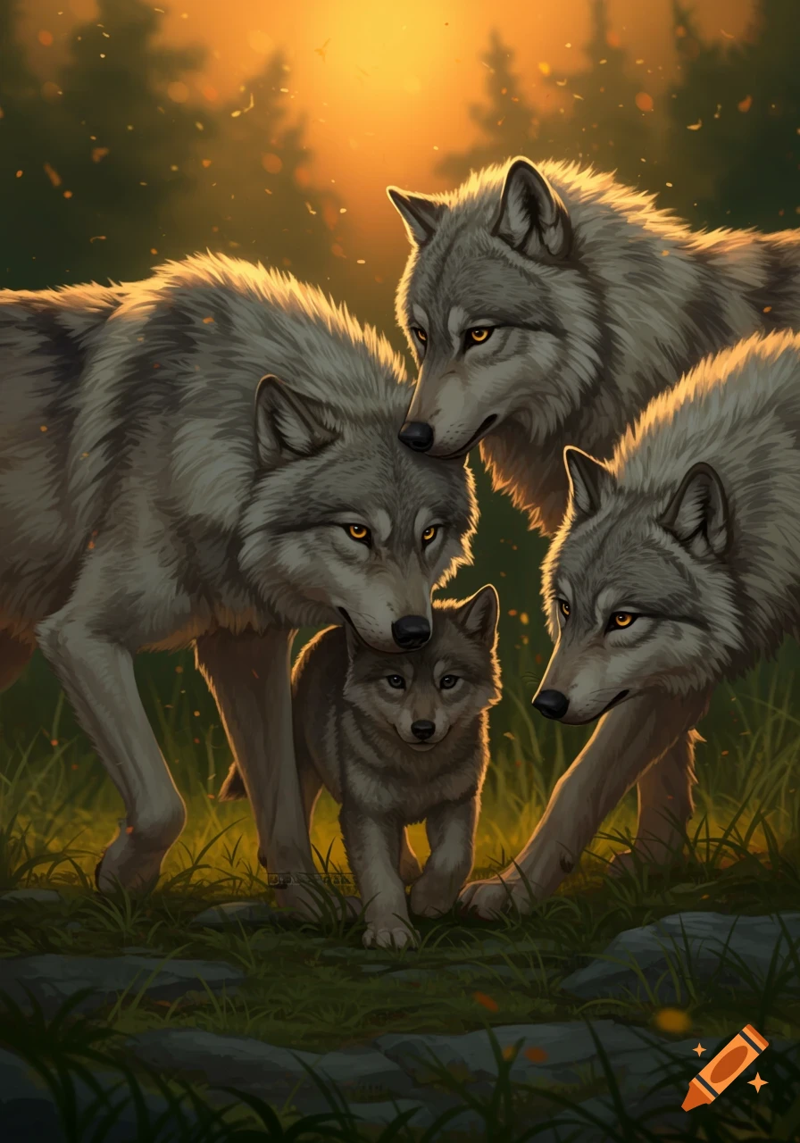 Three adult wolves surround a smaller wolf cub in a forest clearing at sunset. on Craiyon