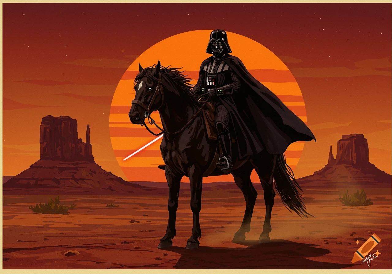 Illustration of Darth Vader riding a black horse through a desert ...