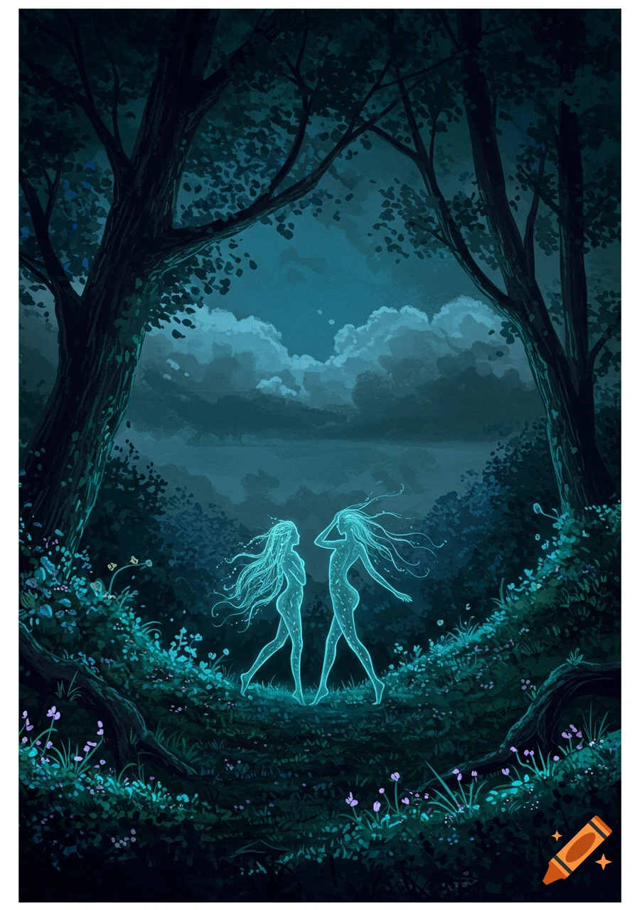 Two glowing spectral figures walk through a dark, magical forest at ...