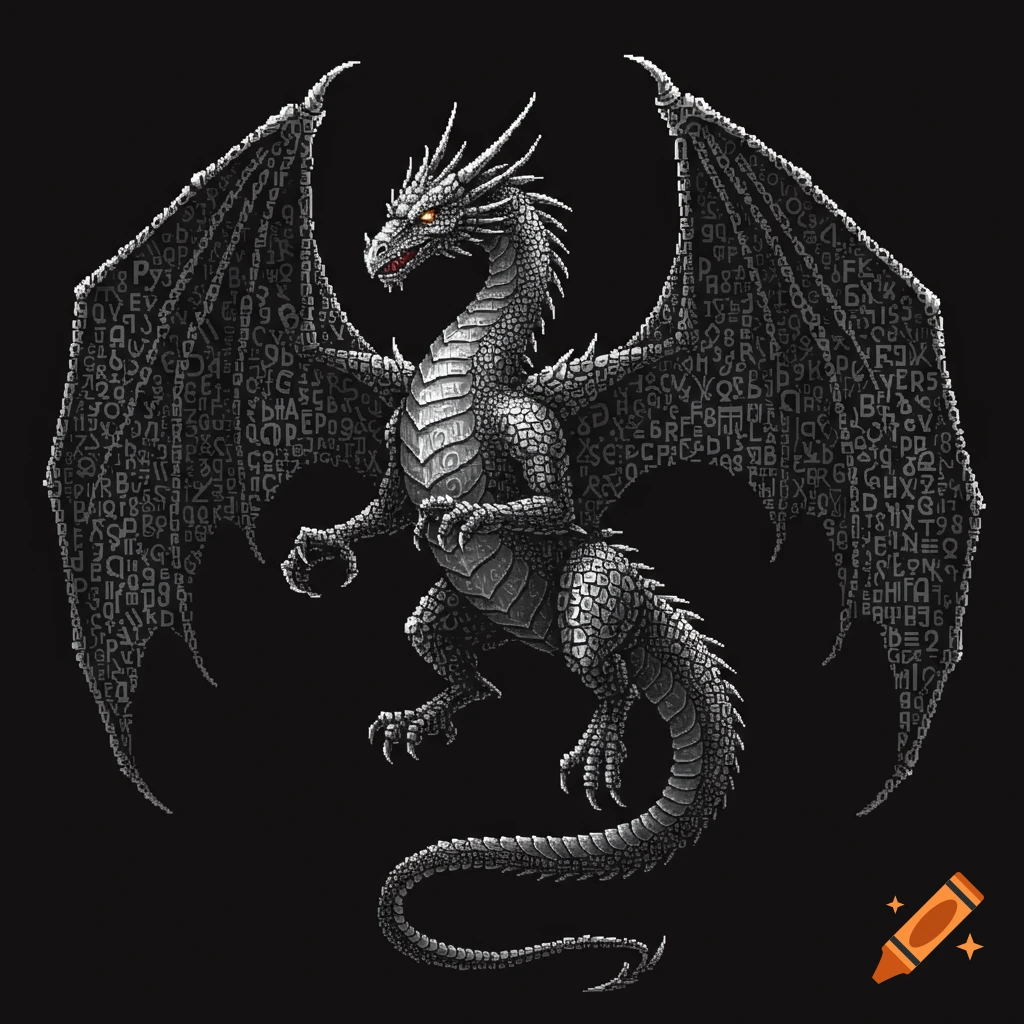 A pixelated dragon is rendered using small characters, symbols, and ...