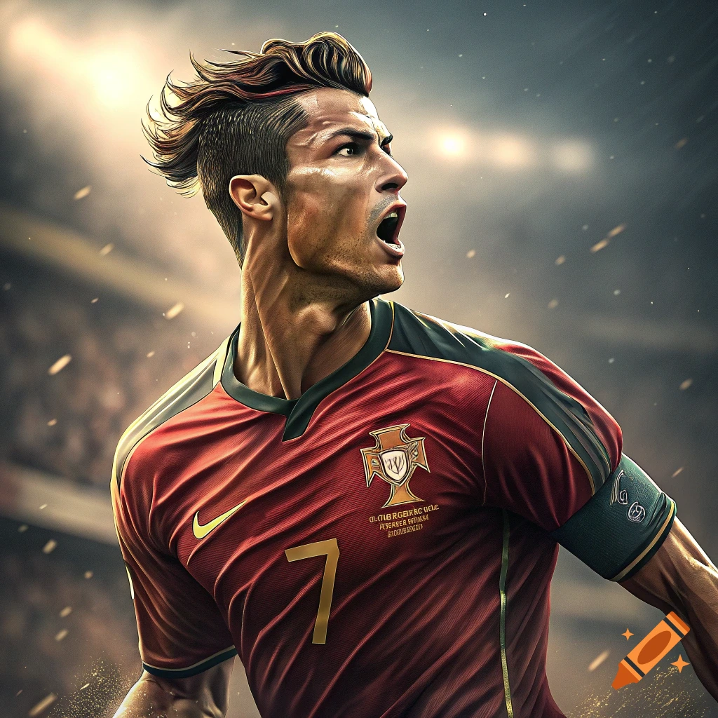 Dynamic portrait of Cristiano Ronaldo in a red Portugal jersey shouting ...