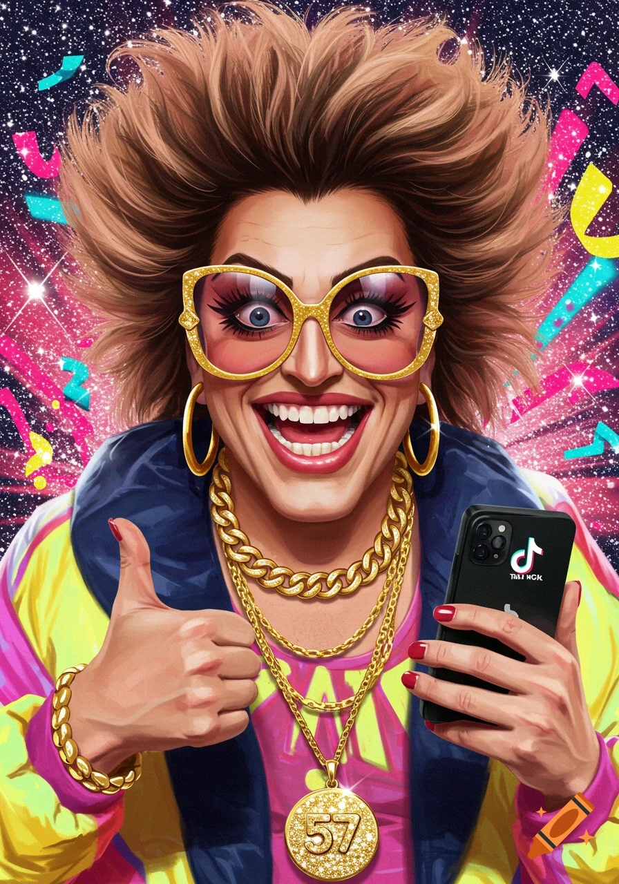 Stylized portrait of a flamboyant person in 80s fashion with big hair ...