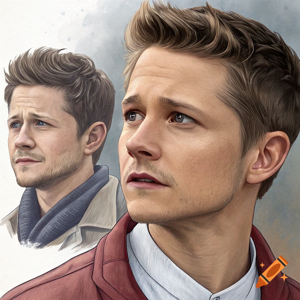 Two illustrative portraits of a man, one in the foreground looking up ...