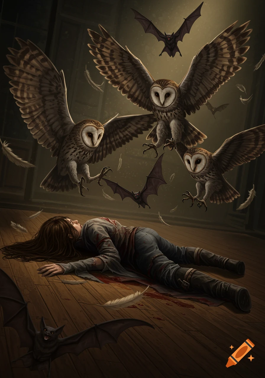 Illustration of a person lying on the floor attacked by owls and bats ...