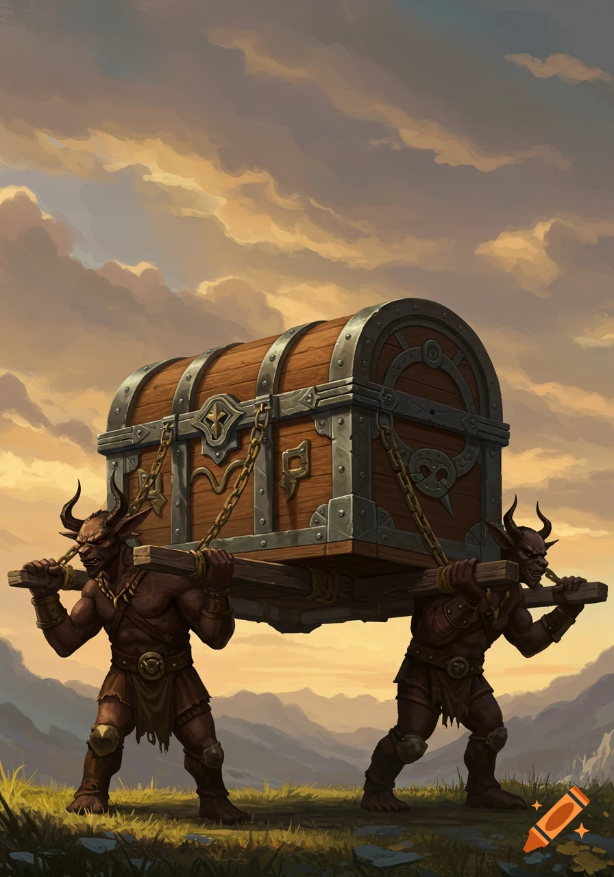 Two horned creatures carry a large ornate wooden chest on a litter ...