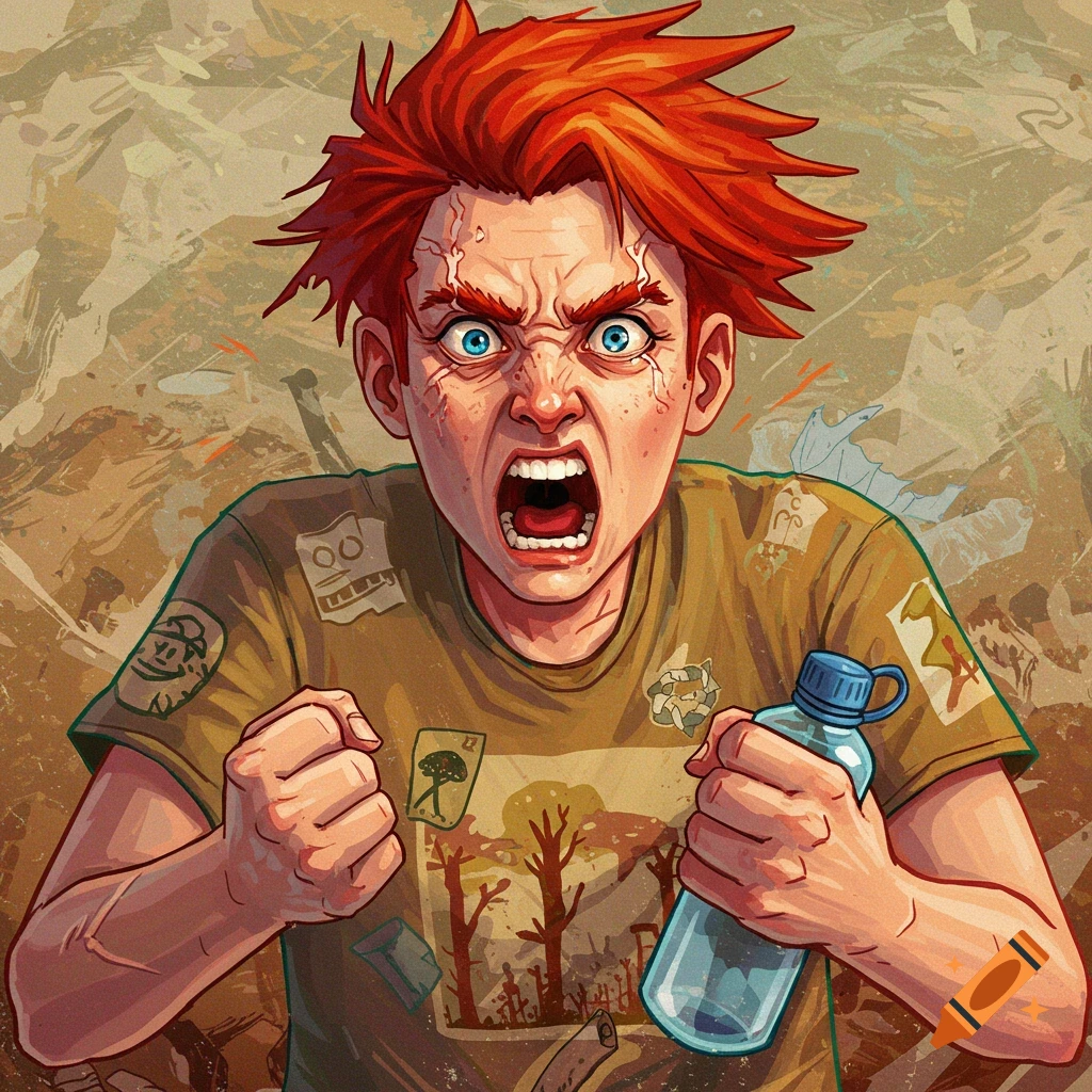 Illustration of a person screaming in rage, holding a bottle. on Craiyon