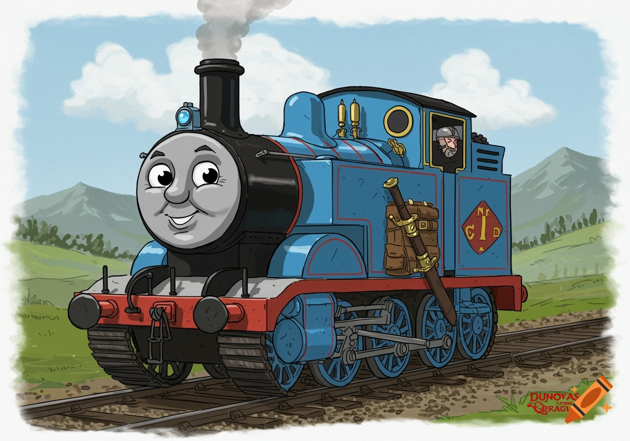 Thomas the Tank Engine reimagined as a fantasy tank with a sword and ...