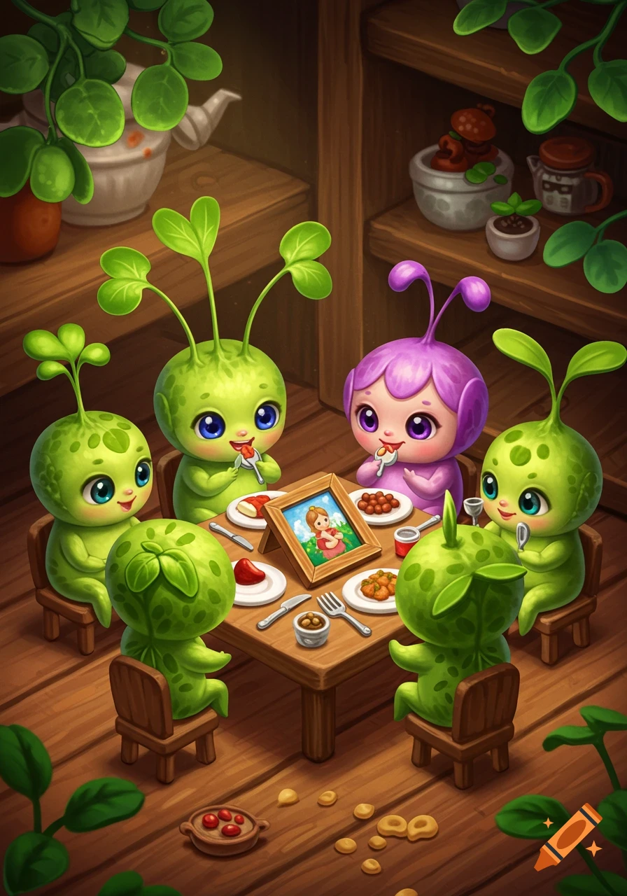 Cute green plant creatures and one purple creature eating at a table in ...