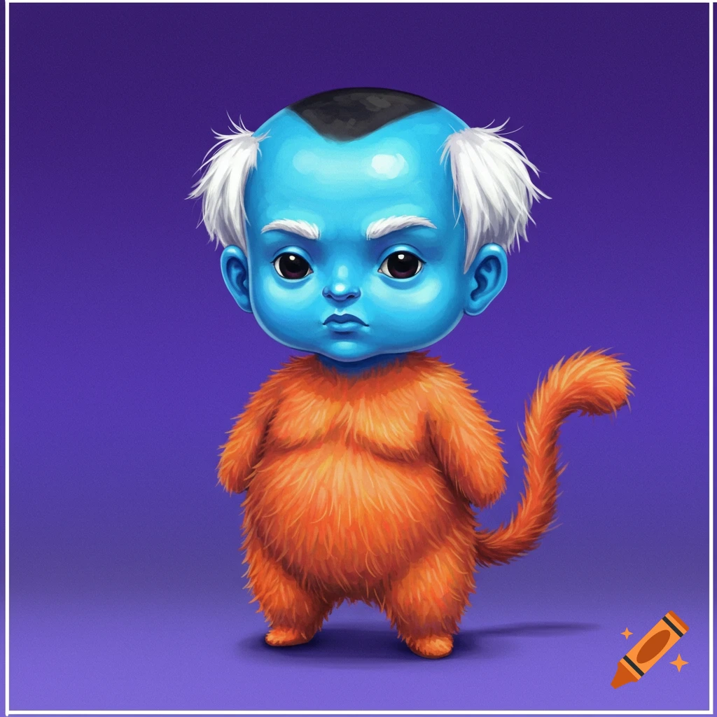 A cute stylized creature with bright blue skin and a big head has white ...