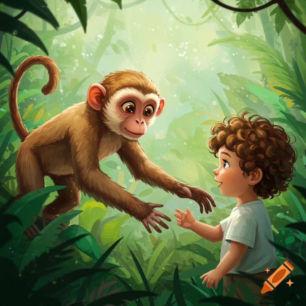 A boy and a monkey reach for each other in a lush jungle, illustration ...