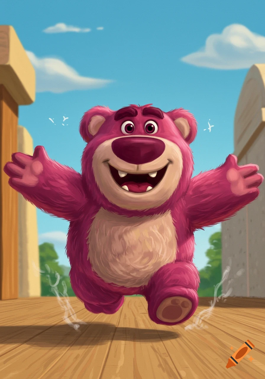 Cartoon illustration of Lotso the bear running forward with arms wide ...