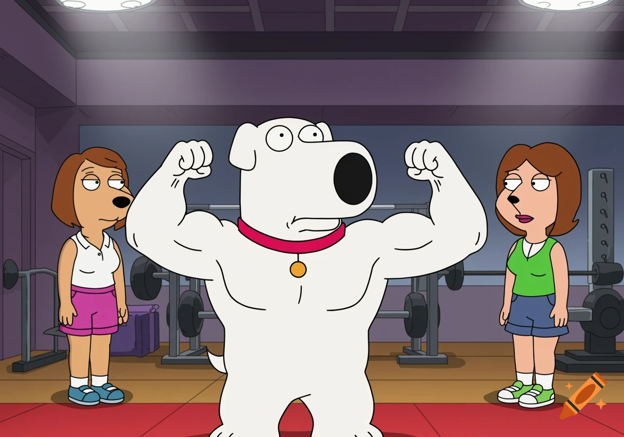 Brian the dog flexes muscles in a gym while two female characters watch ...