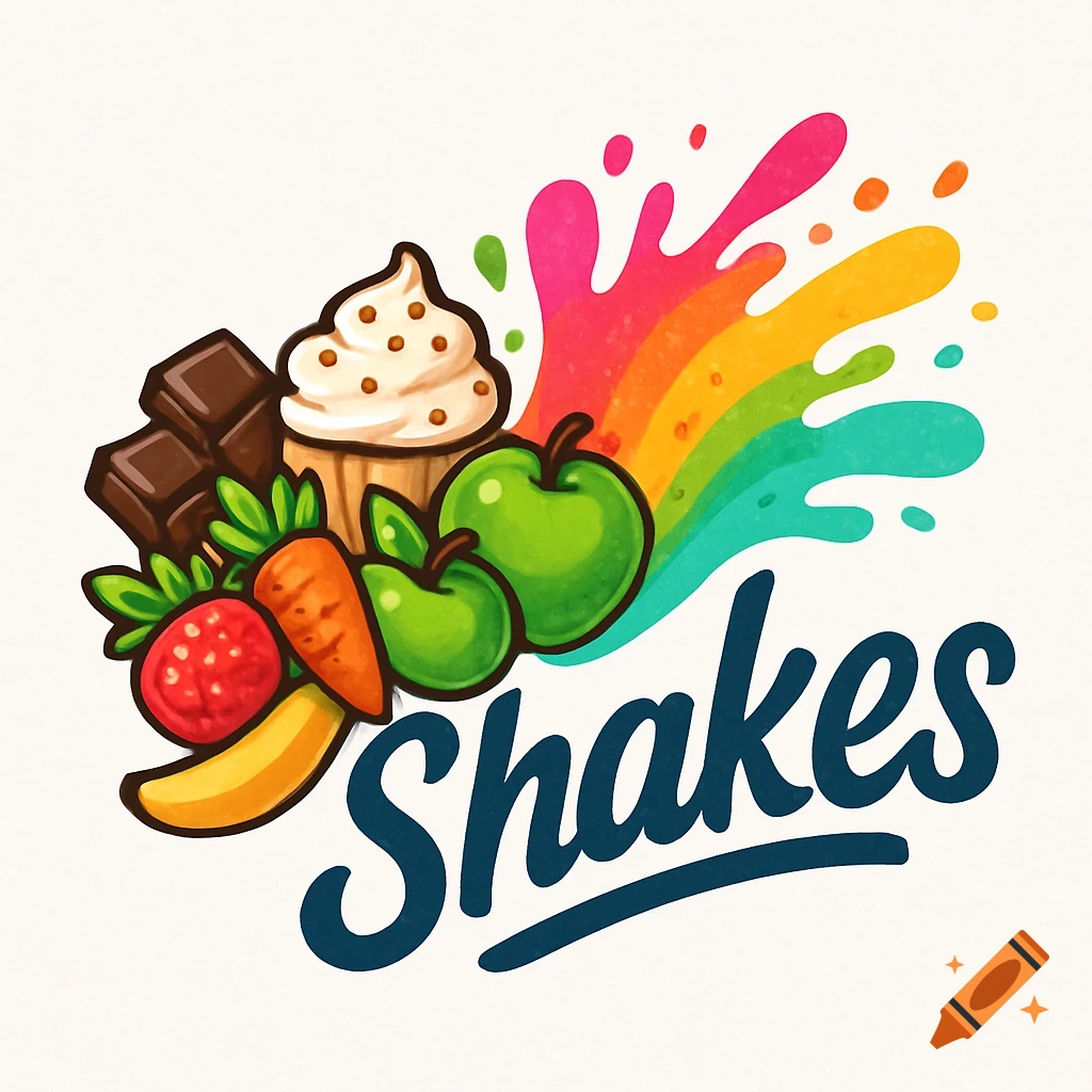 Colorful logo illustration with fruits, chocolate, cupcake, and a ...