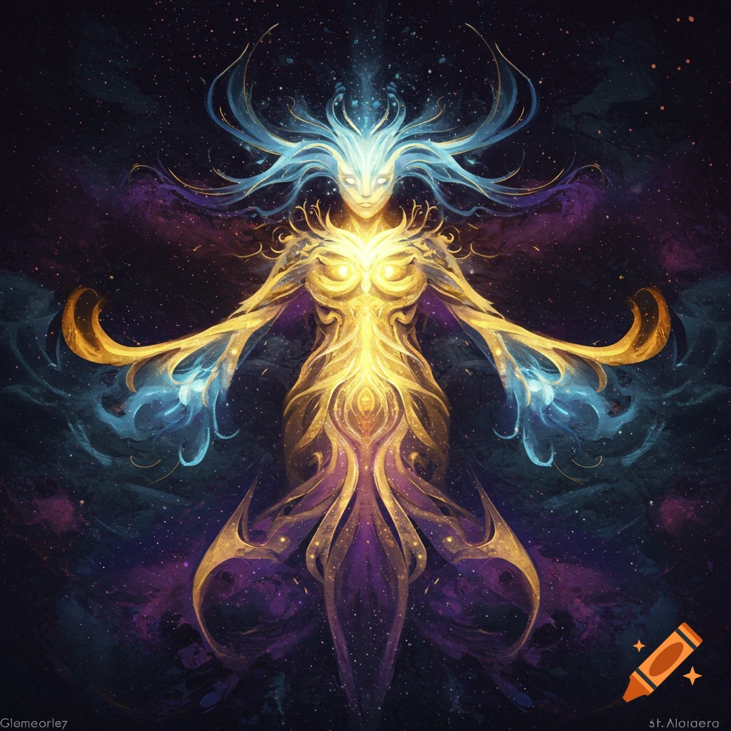 An ethereal cosmic figure made of light and energy against a starry ...