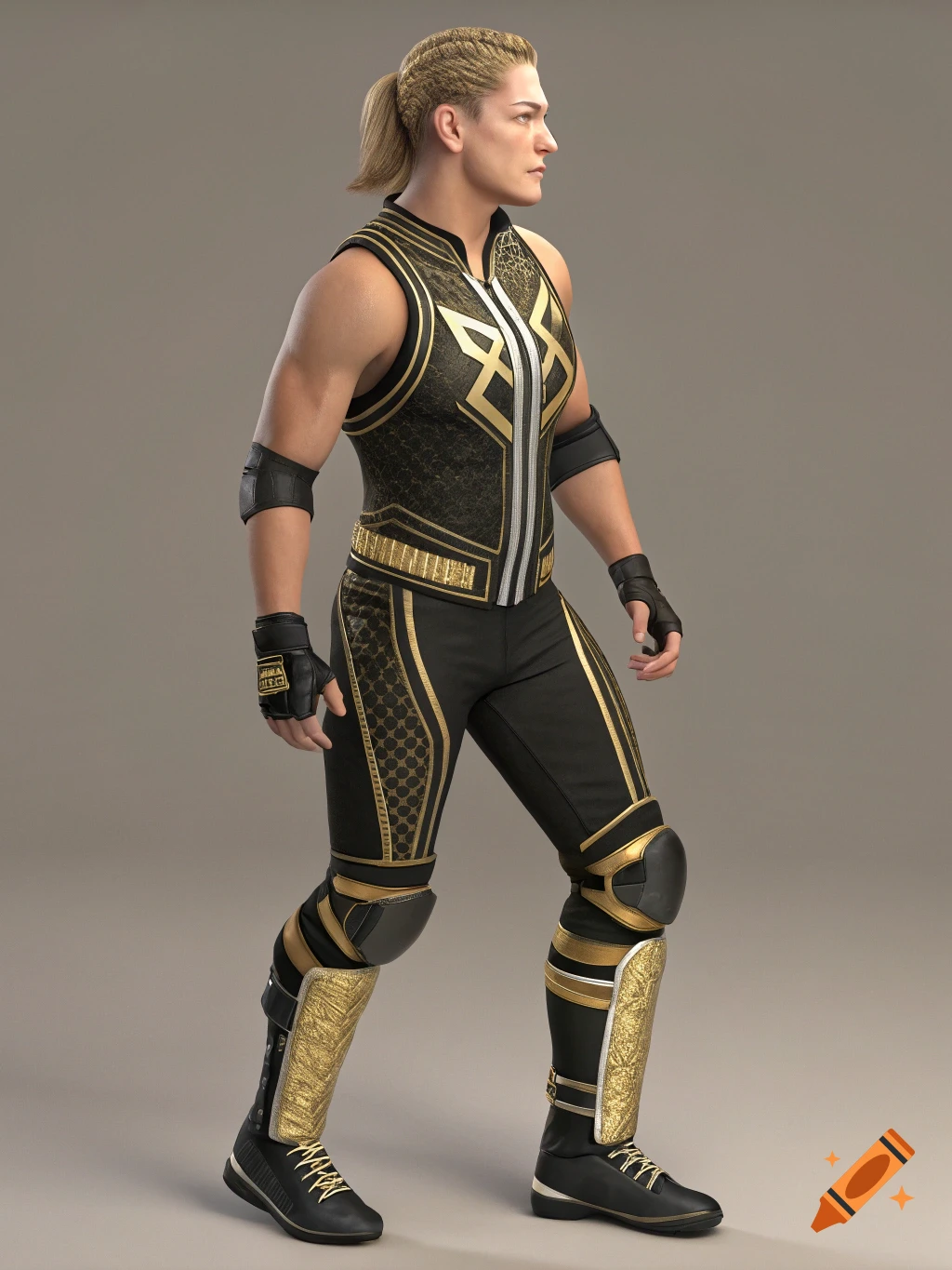 3D render of a muscular figure in black and gold wrestling gear. on Craiyon