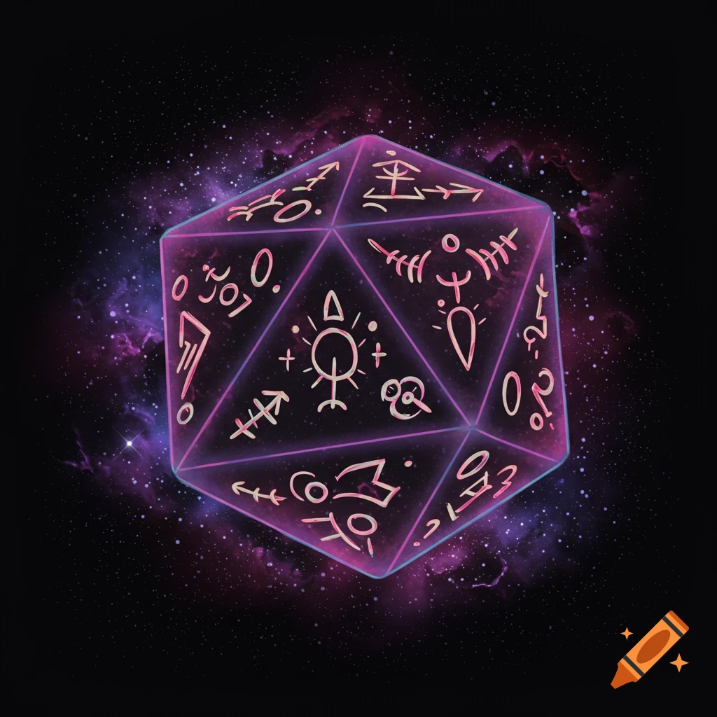A glowing neon purple d20 die with mystic symbols floats in space. on ...