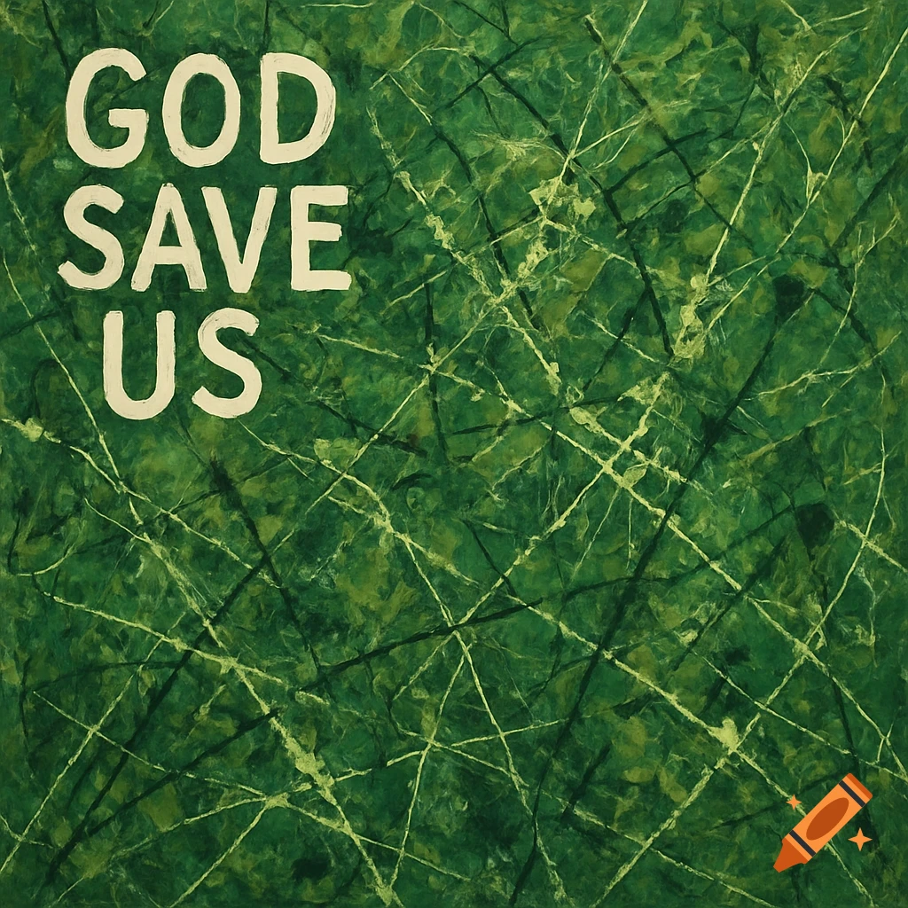 Abstract green painting with 'GOD SAVE US' text in the top left corner ...