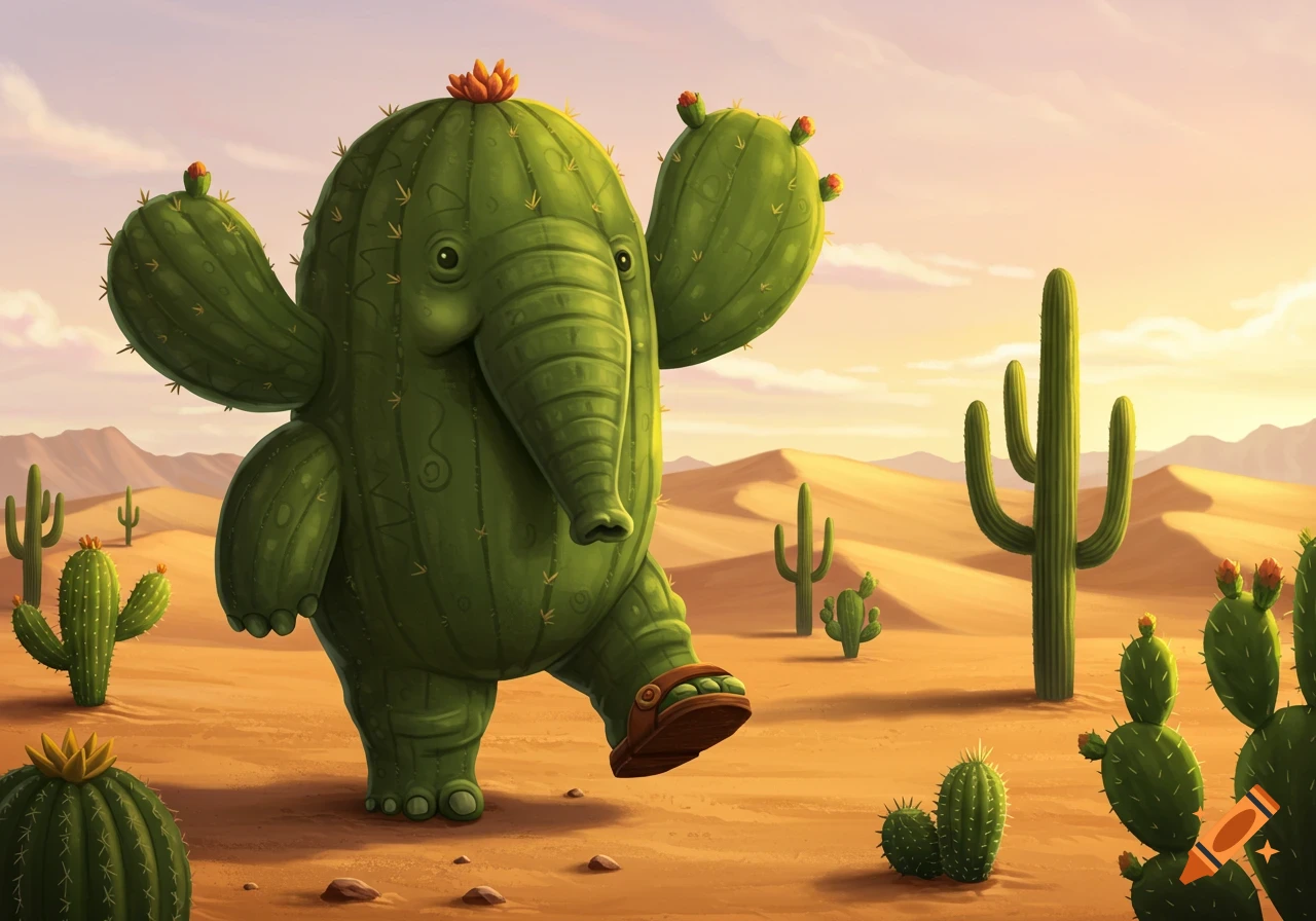 A cartoon elephant-cactus creature with a sandal walks through a desert ...
