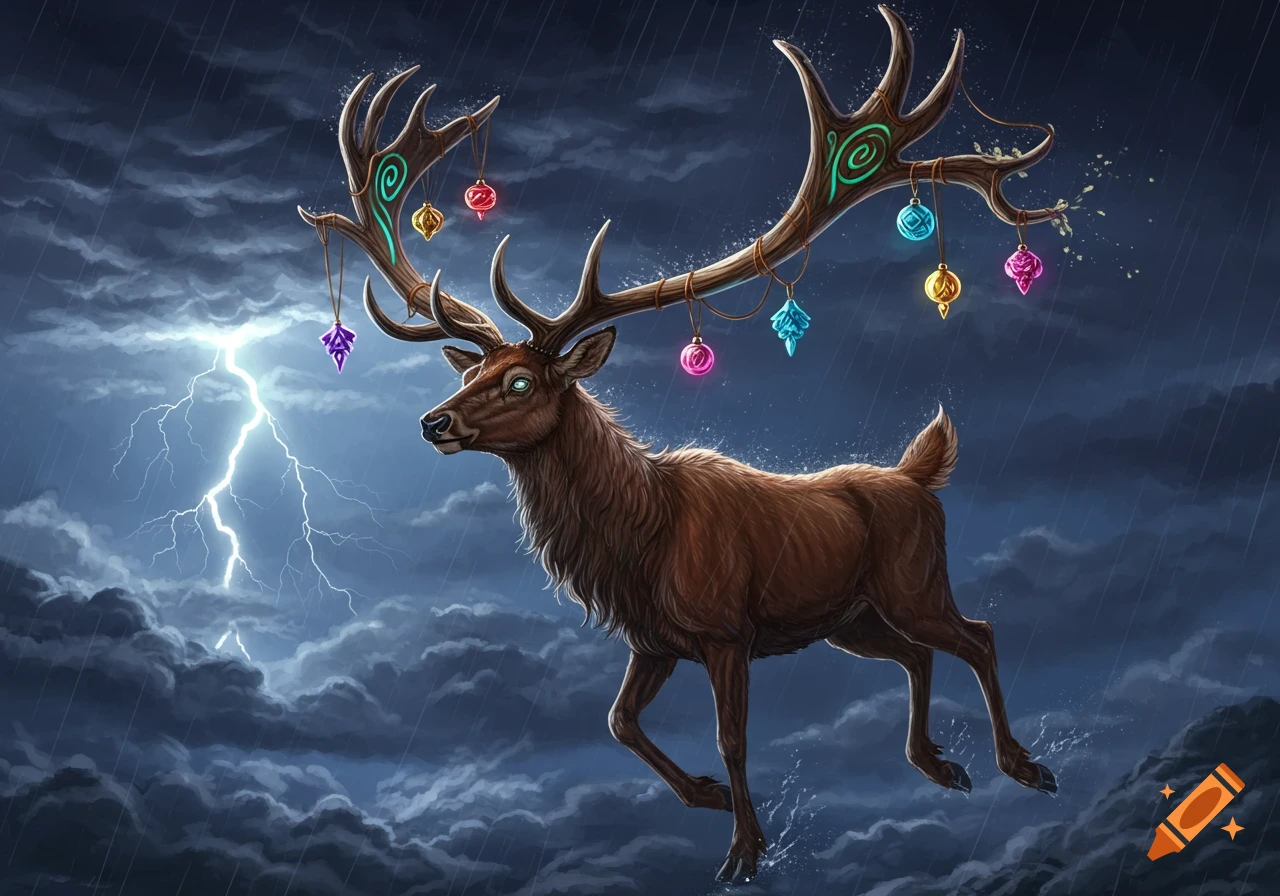 A fantasy reindeer flies through a stormy night with lightning, its ...