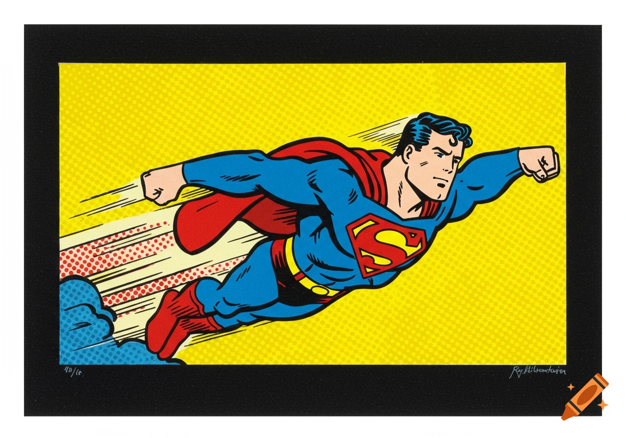 Superman flying in a comic book style with dot patterns. on Craiyon