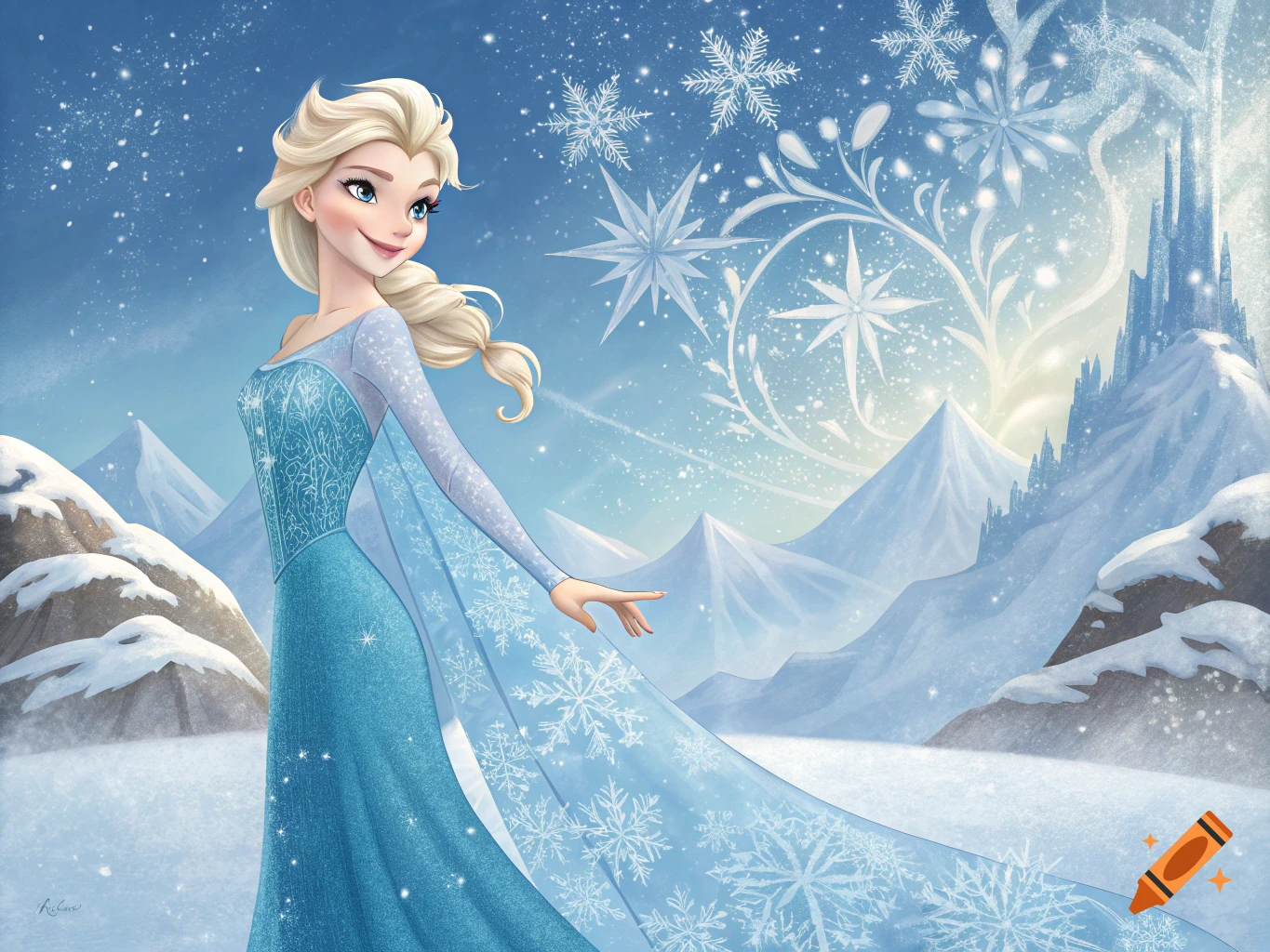 Elsa stands in a snowy mountain landscape with snowflakes and an ice ...