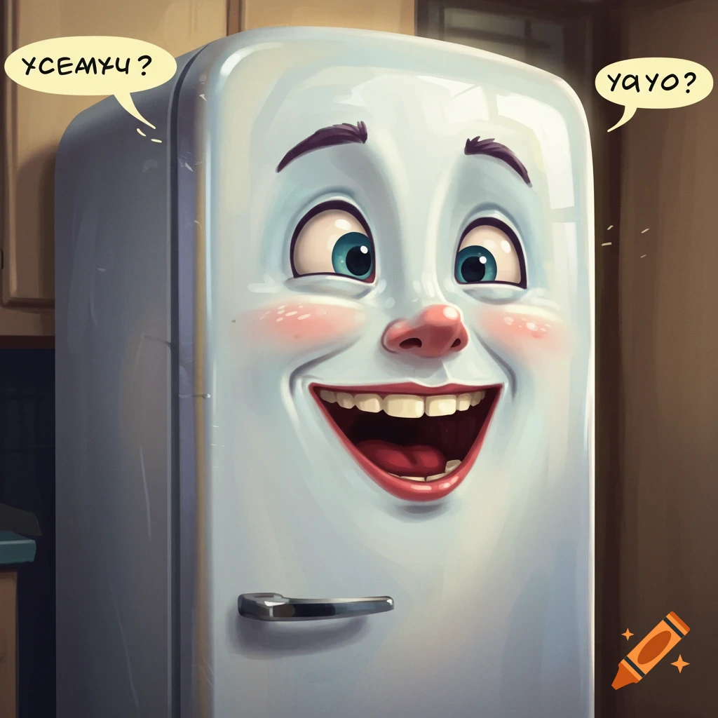 A cartoon refrigerator with a human face speaks in speech bubbles in a ...