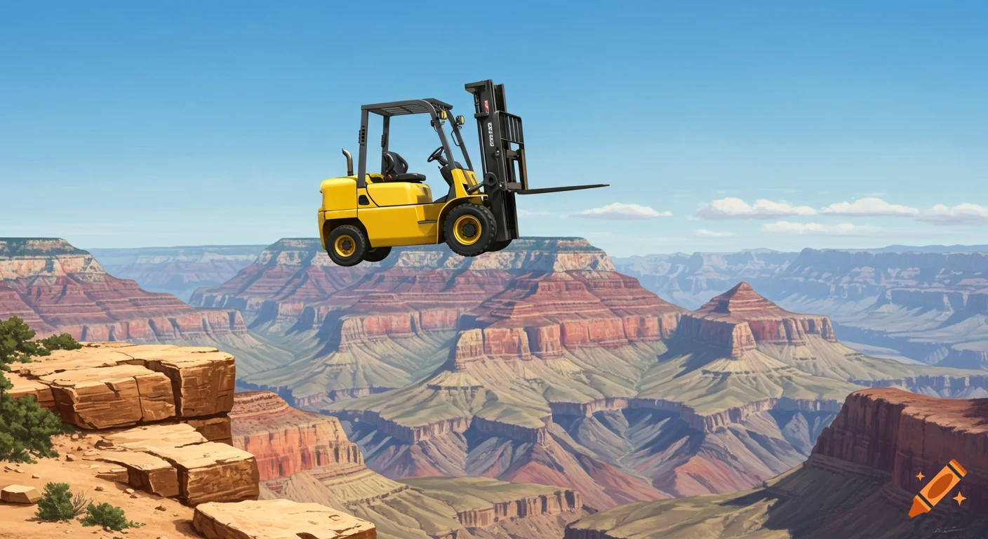 A yellow forklift truck appears to be jumping over the Grand Canyon. on ...