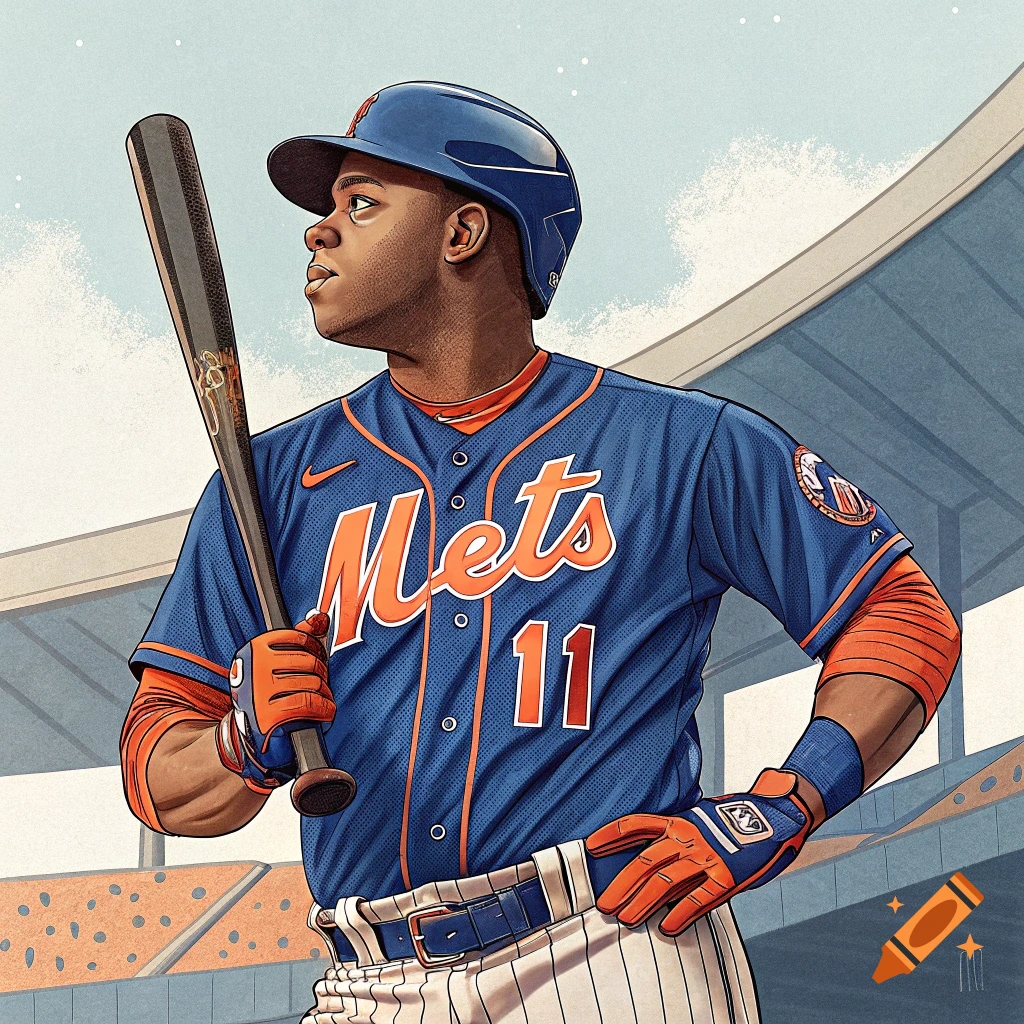 Illustration of a baseball player in a New York Mets uniform holding a ...