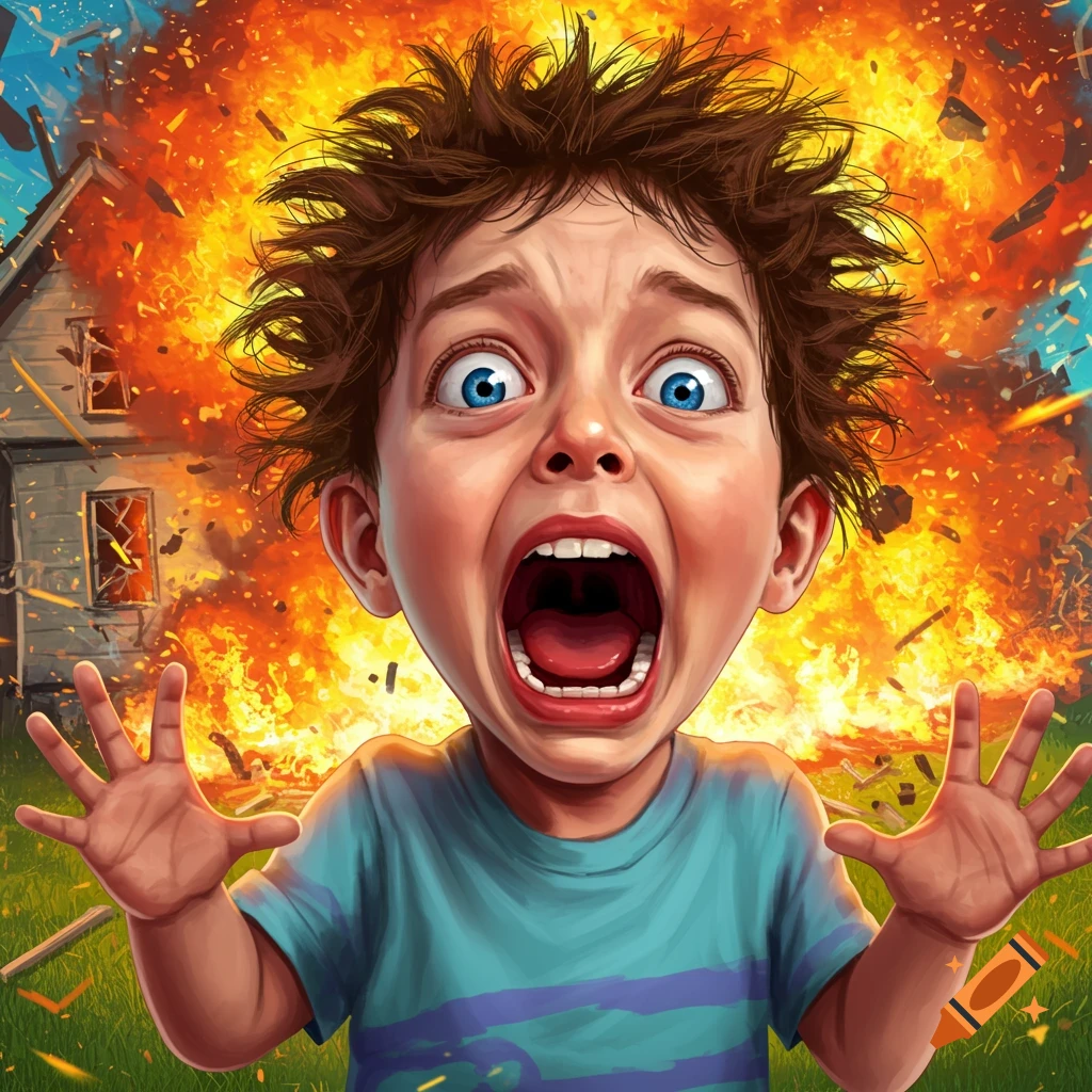 Cartoon illustration of a child screaming in terror in front of their ...