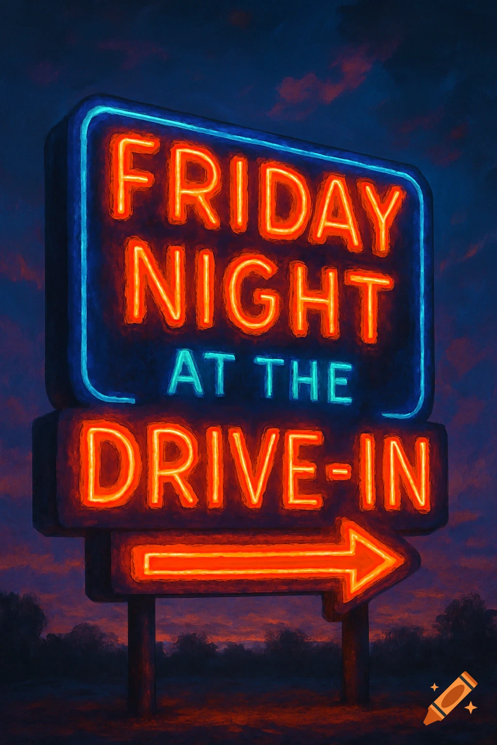 Neon sign for Friday Night at the Drive-In under a dark sky, in a ...