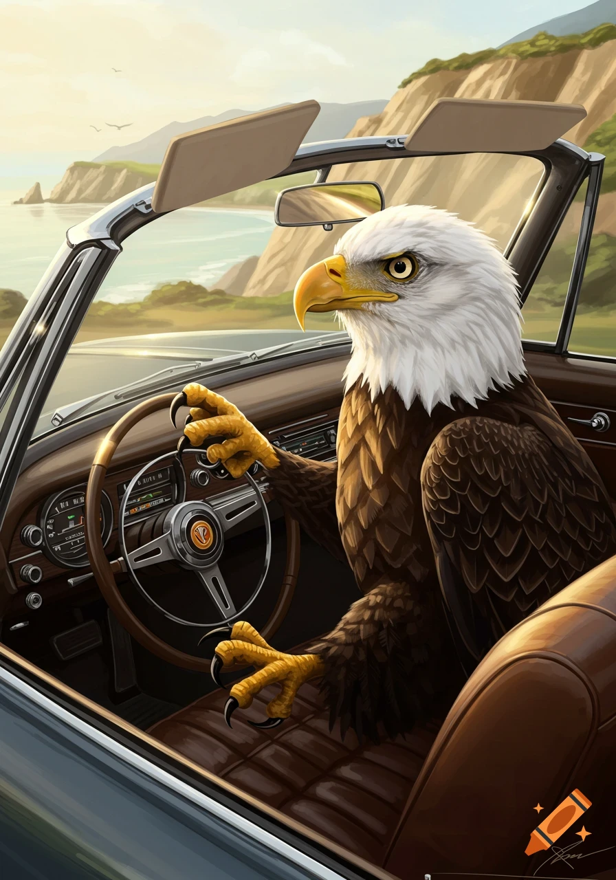 Bald eagle driving a vintage convertible car on a coastal road on Craiyon