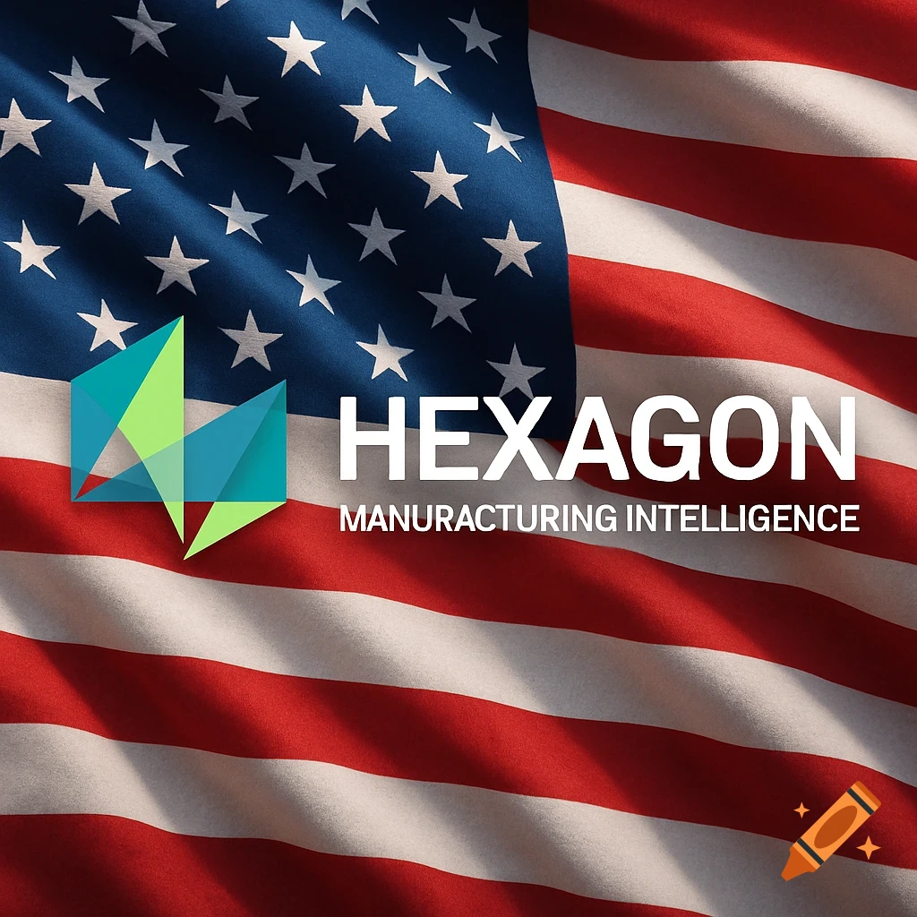 US flag with the Hexagon Manufacturing Intelligence logo and text overlay on Craiyon