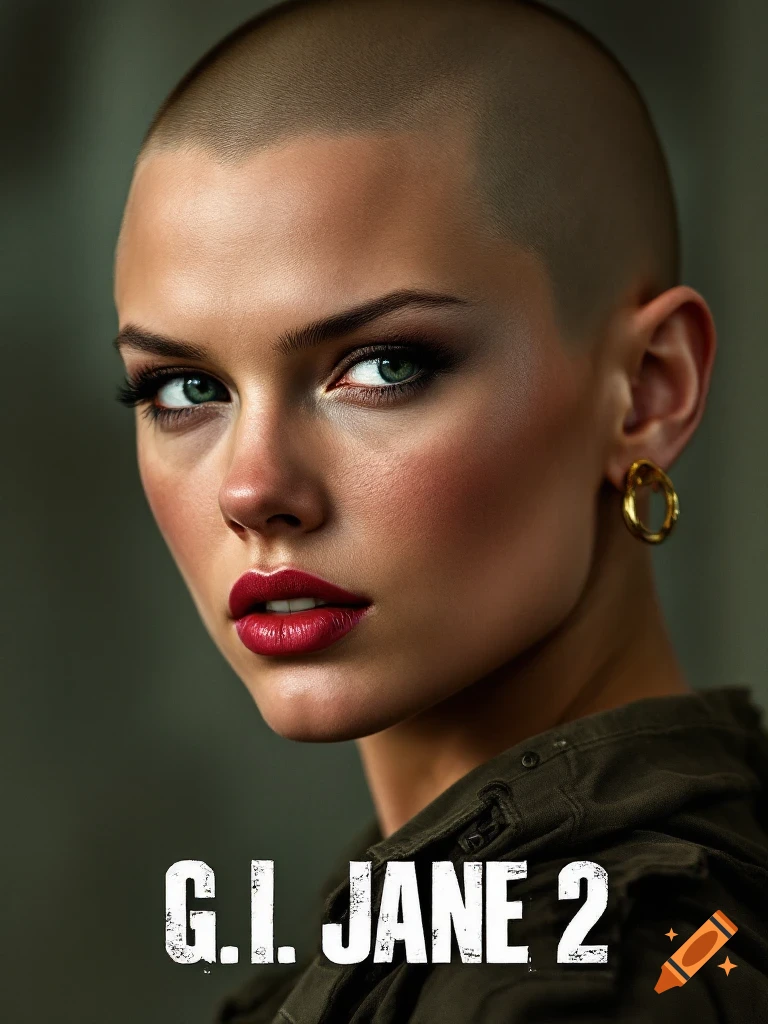 Portrait of a woman with a shaved head in a military shirt, text reads G.I. JANE 2 on Craiyon