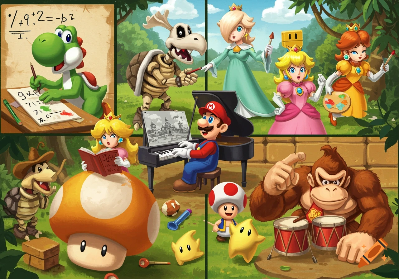 Collage featuring Super Mario characters doing various activities ...