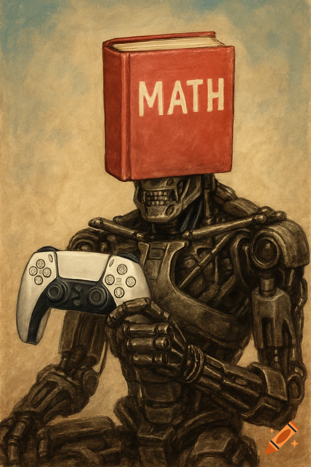 A robot with a book that says MATH as its head holds a PS5 controller ...