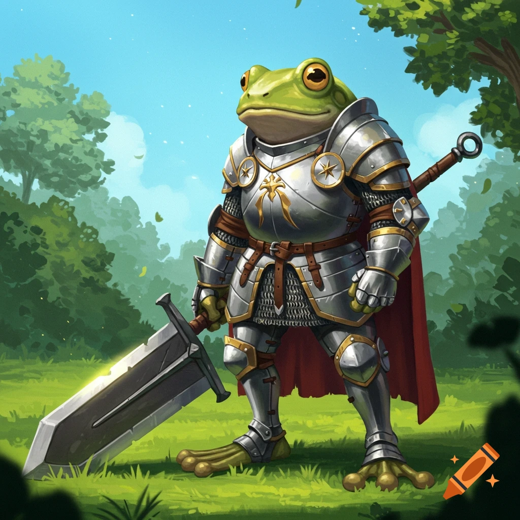 A frog knight in full plate armor holds a greatsword in a forest ...