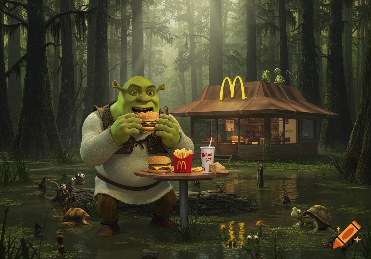 Shrek the ogre eats a burger and fries at a McDonald's in his swamp. on ...