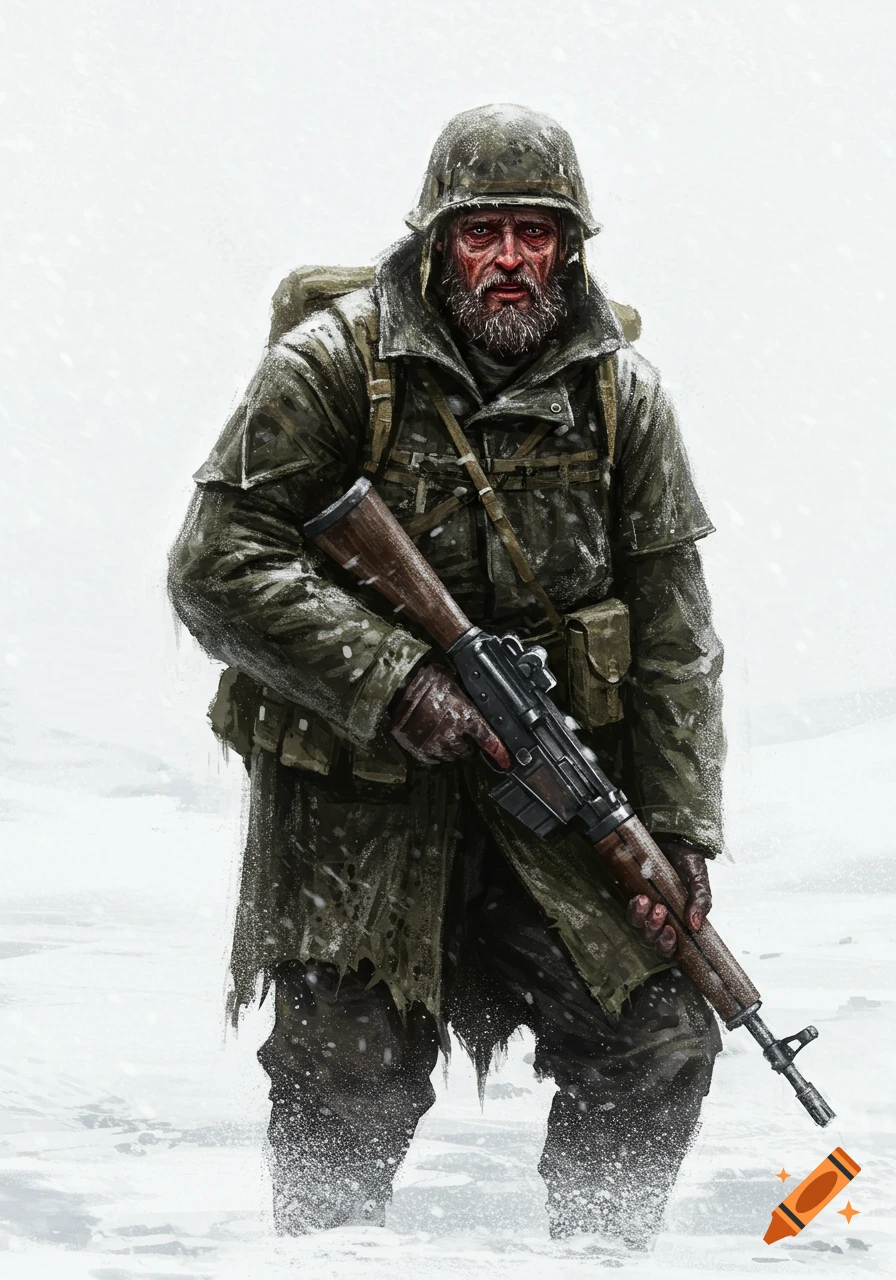 Illustration of a soldier in winter gear holding a rifle in the snow ...