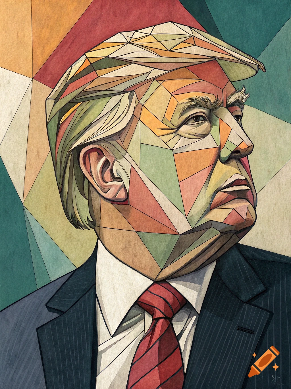 Geometric portrait of Donald Trump in a style inspired by Cubism, featuring fragmented shapes ...