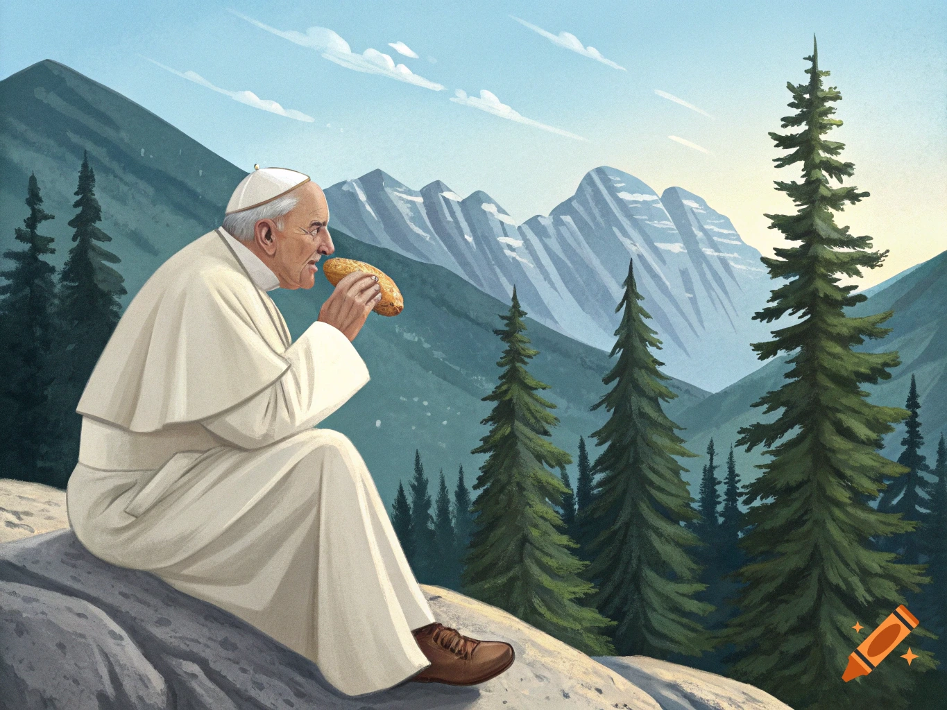 Illustration of the Pope sitting on a rock in the mountains, eating ...