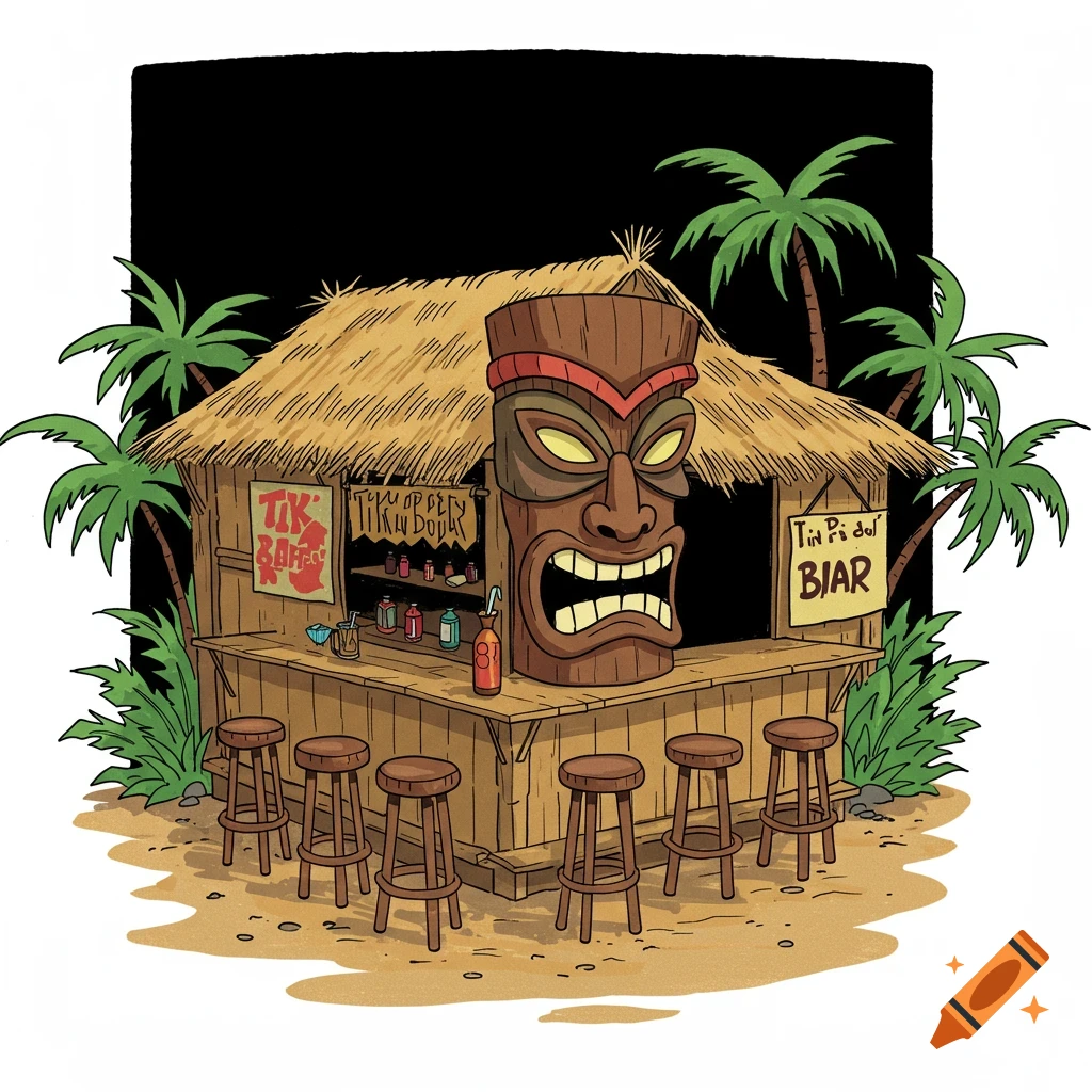 Cartoon image of a tiki bar with stools and palm trees against a dark ...