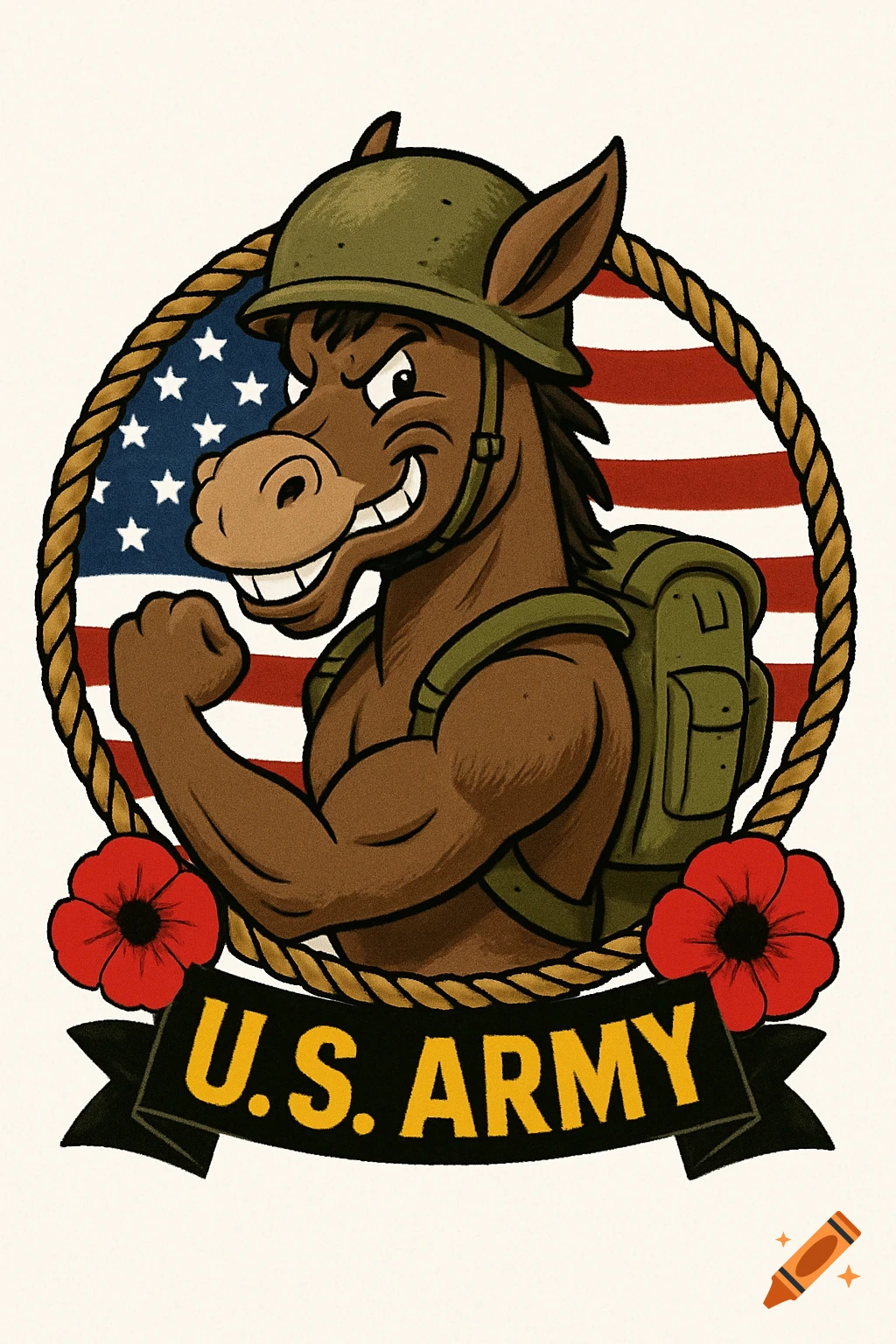 Cartoon brown mule in army helmet and backpack flexing a bicep, in ...